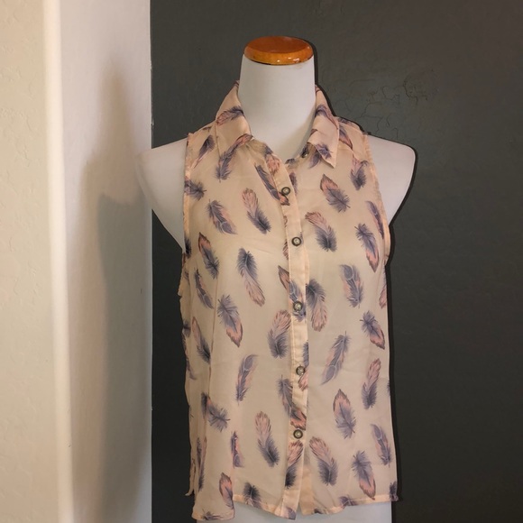Poetry | Tops | Poetry Feather Print Sleeveless Sheer Blouse M | Poshmark